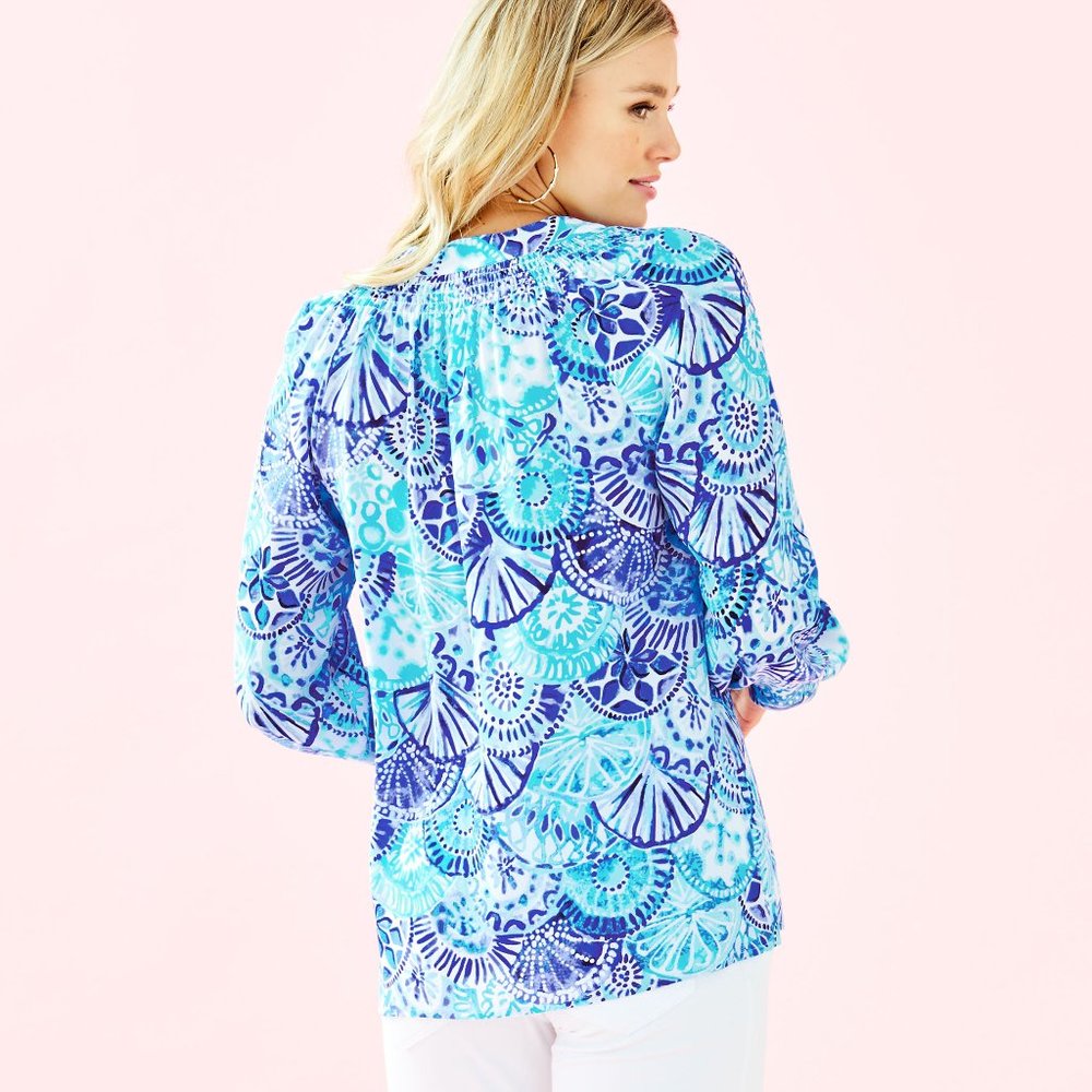 Lilly Pulitzer Elsa Silk Top In Half Shell Blue Gem